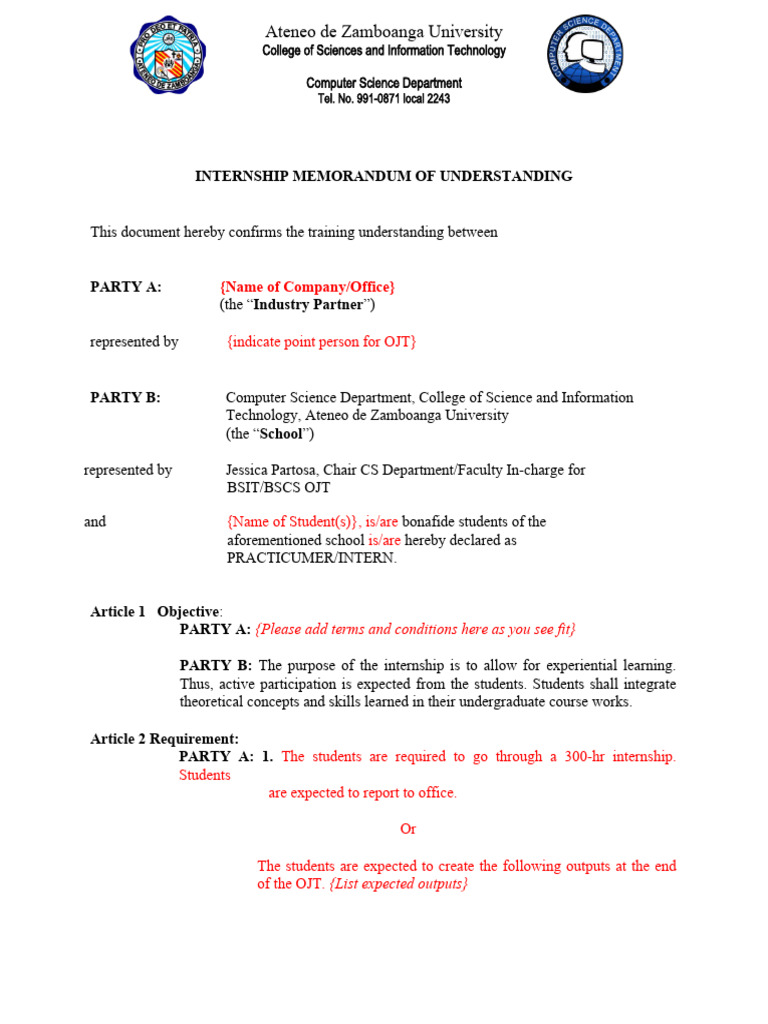 Internship-MOU-TEMPLATE Only | PDF | Internship | Job Hunting
