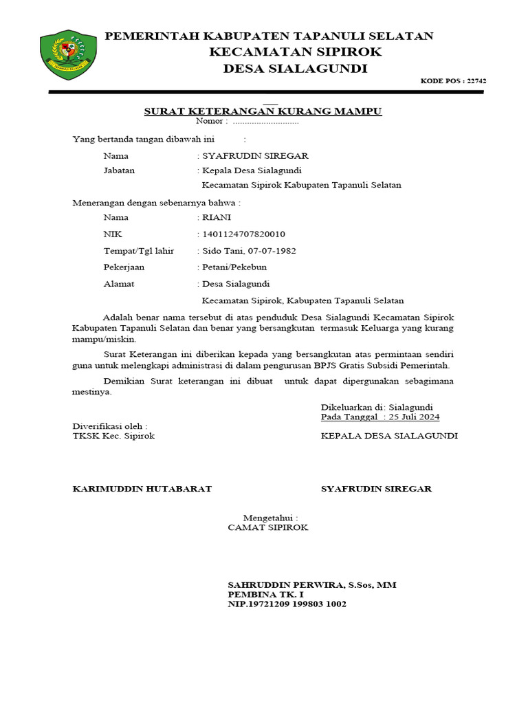 SURAT KETERANGAN KURANG MAMPU Sampean | PDF