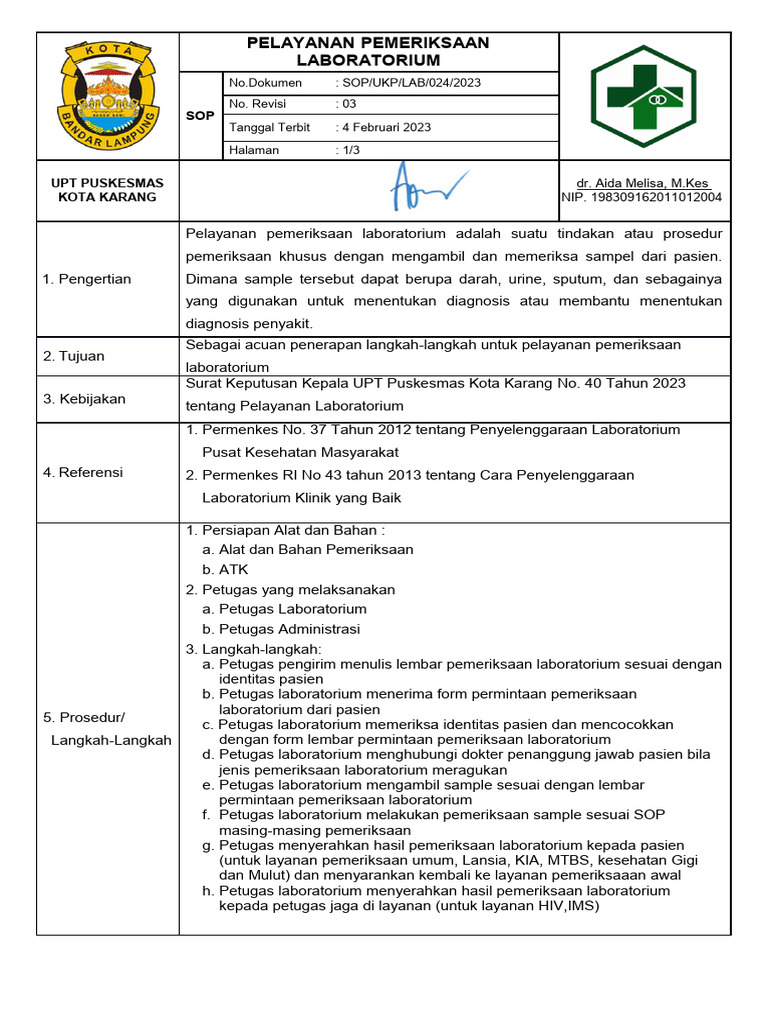 24.sop Pelayanan Pemeriksaan Laboratorium | PDF | Sains & Matematika