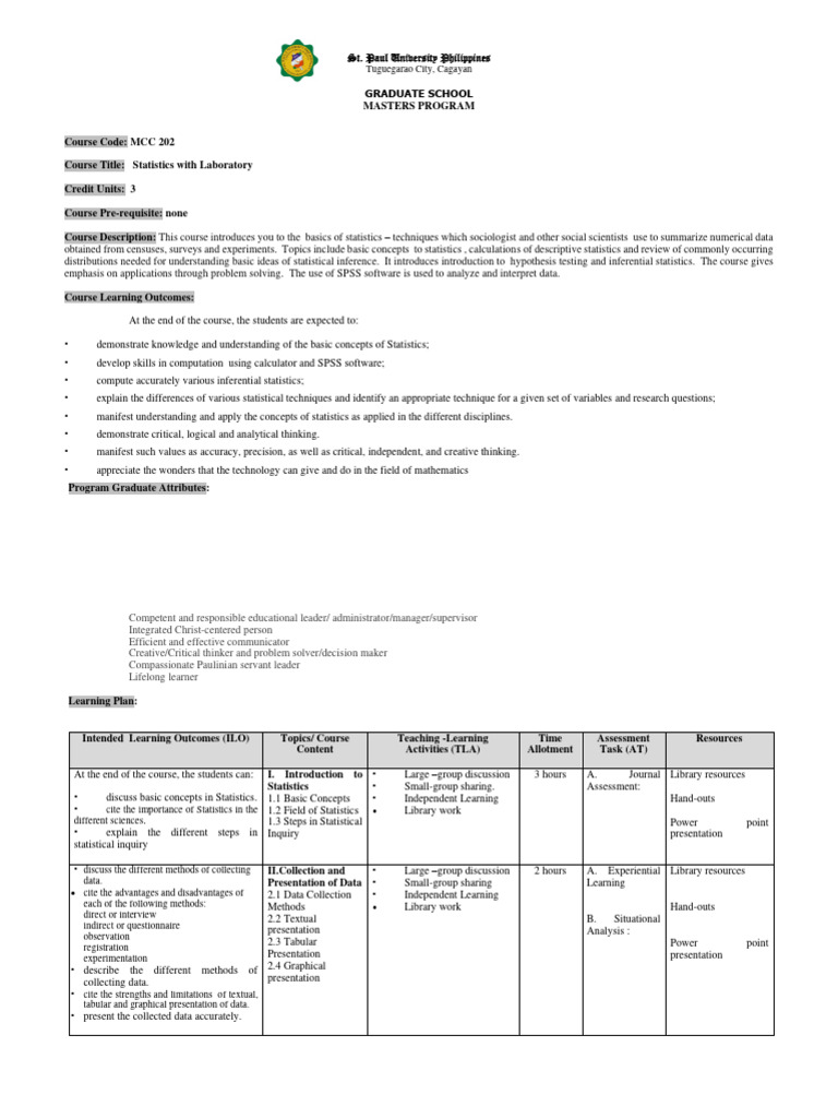Advanced Statistics Syllabus SPU | PDF | Statistics | Skewness