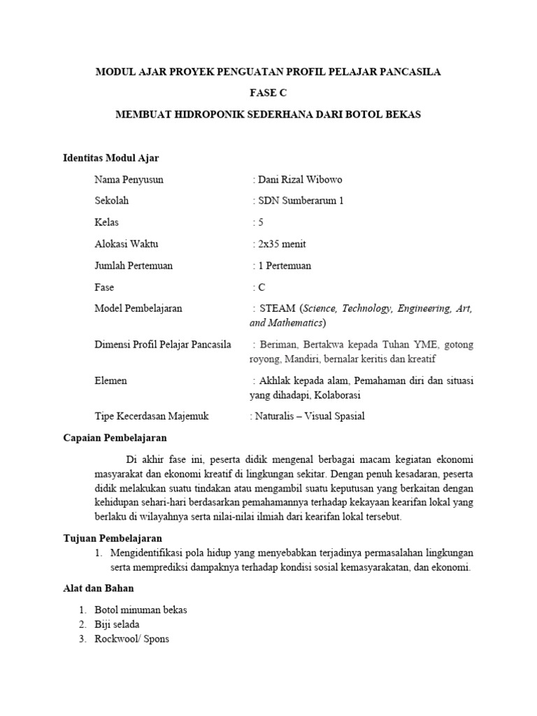 Modul Ajar P5 (Steam) Kelas 5 - Membuat Hidroponik | PDF