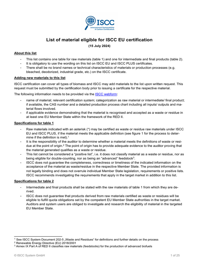 ISCC EU Material List 240715 | PDF