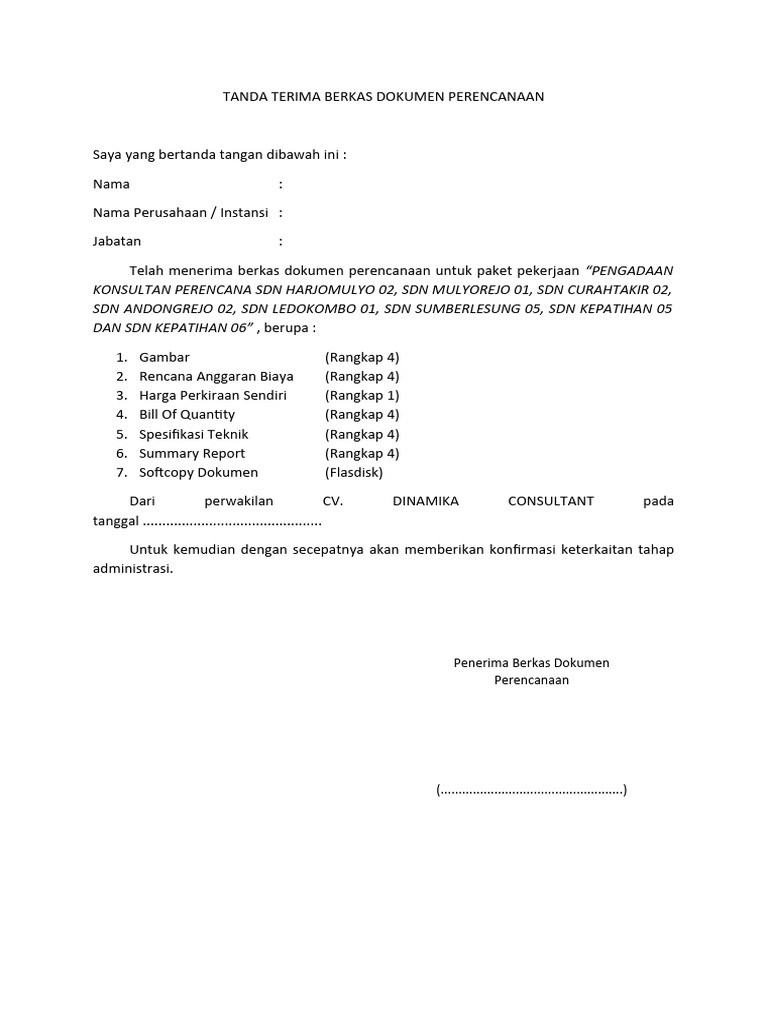 Tanda Terima Berkas Dokumen Perencanaan | PDF