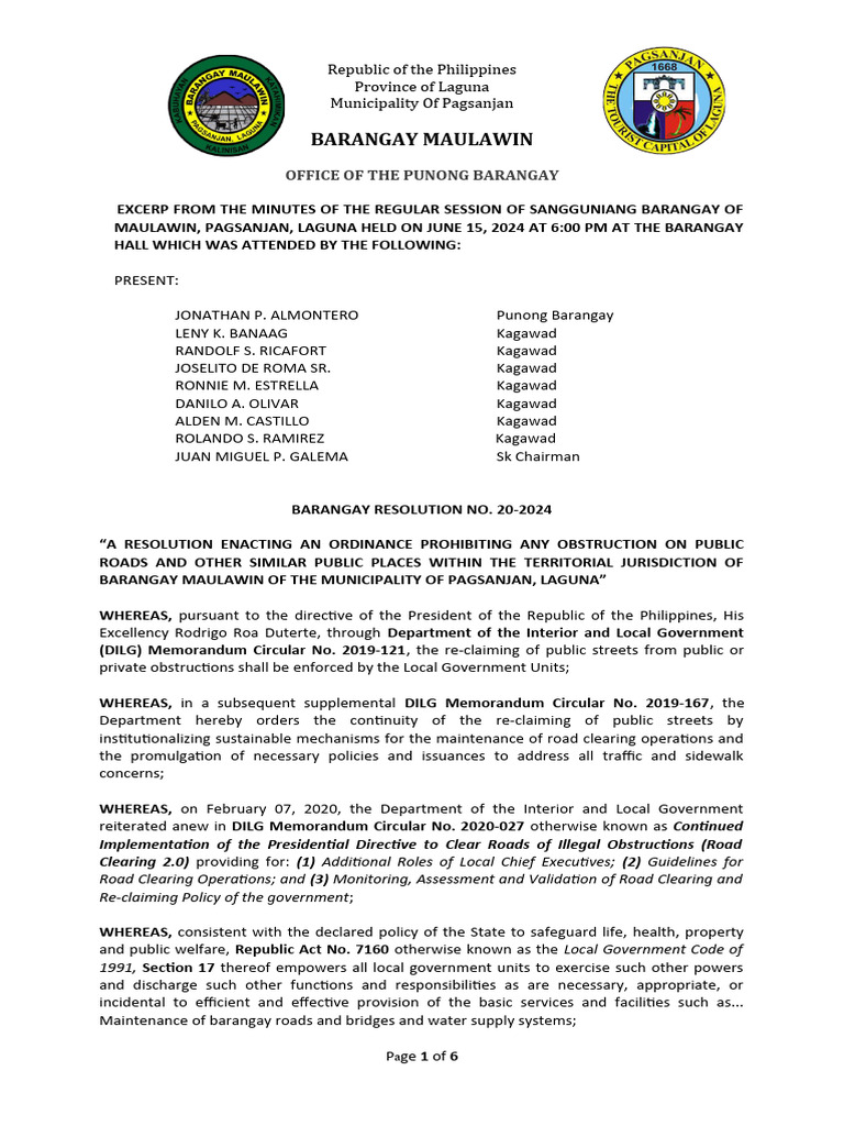 Reso and Ordinance For Road Clearing | PDF | Traffic | Road