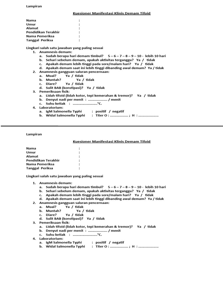 Kuesioner Demam Typoid | PDF