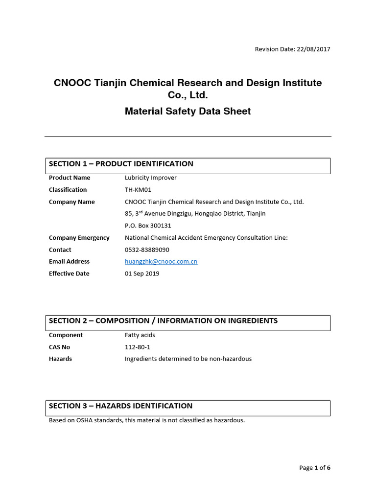 Msds-Lubricity Improver TH-KM01 | PDF | Carbon Dioxide | Water