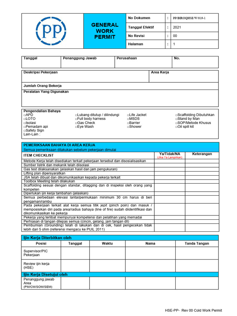 Template Izin Kerja HSE 2021 | PDF