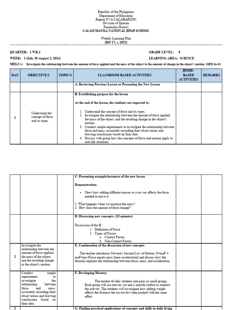 Science 8 DLL Q1 WK1 | PDF | Force | Mass