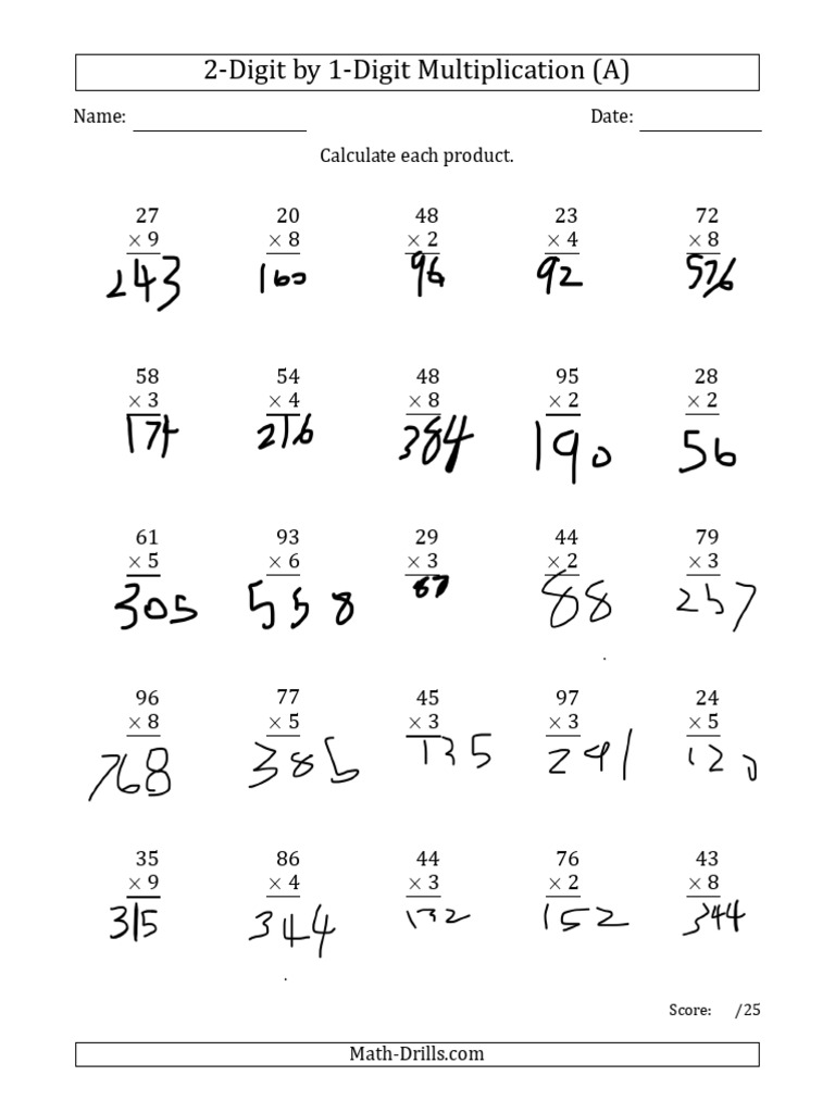2-Digit by 1-Digit Multiplication (A) : Name: Date: Calculate Each ...