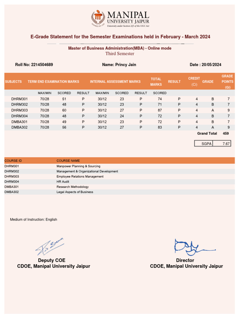 Marksheet Semester 3 SD 1051599 | PDF | Leadership | Business