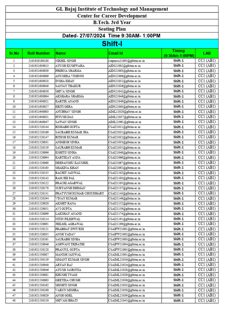Seating Plan - Assessment On CodeTantra - 27-07-2024 Morning Shift-1 | PDF