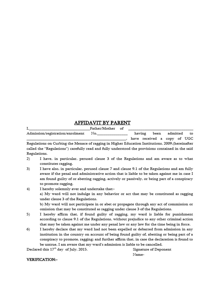 AFFIDAVIT by PARENT in Engineering College of Ragging. | PDF | Affidavit | Injustice
