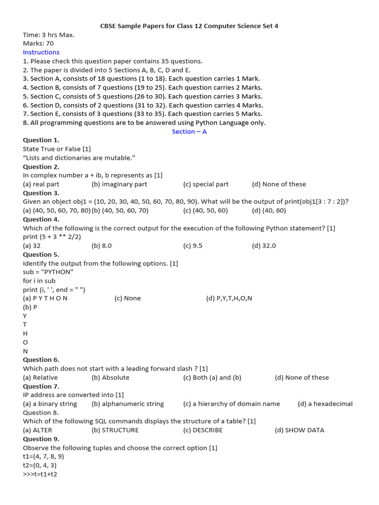 CBSE Sample Papers For Class 12 Computer Science Set 4 With Solutions | PDF | Computing ...