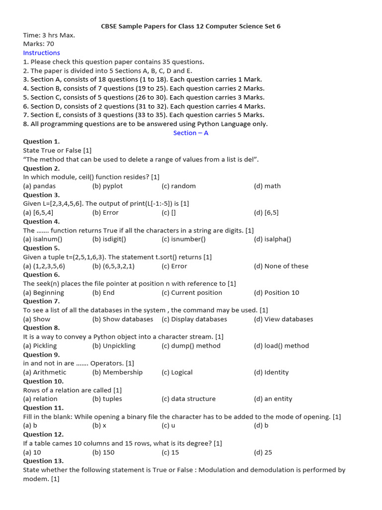 Class 12 CS Sample Paper Set 6 | PDF | String (Computer Science ...