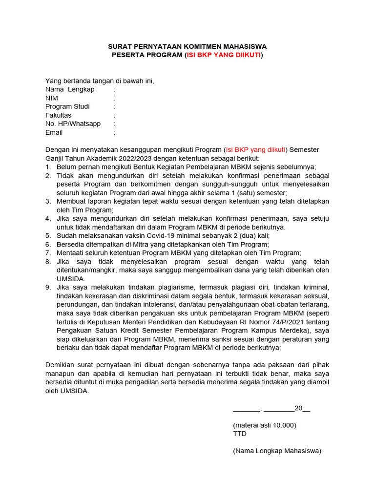 Surat Pernyataan Komitmen Mahasiswa | PDF