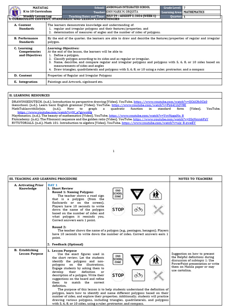 DLL Matatag - Mathematics 7 q1 w1 | PDF | Polygon | Circle
