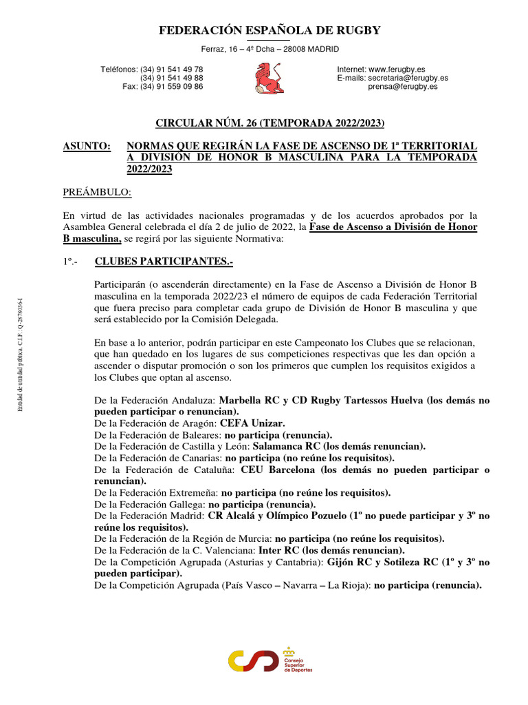 Circular 26. Normativa Fase de Ascenso A Division Honor B Masculina ...