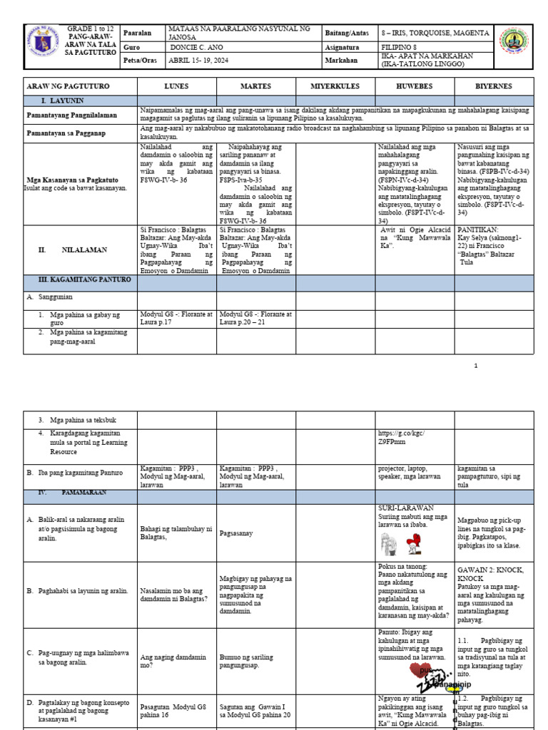 Week 3 Q4 DLL Fil 8 | PDF