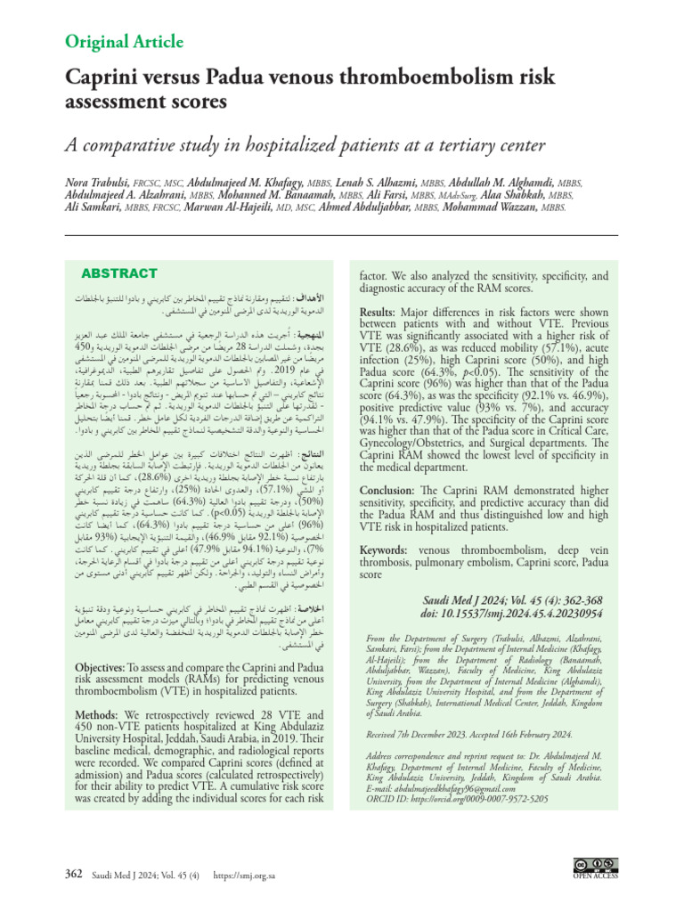 Caprini Versus Padua Venous Thromboembolism Risk Assessment Scores ...