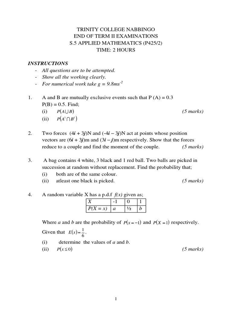 S.5 Applied Mathematics Exam Paper | PDF | Force | Mechanics