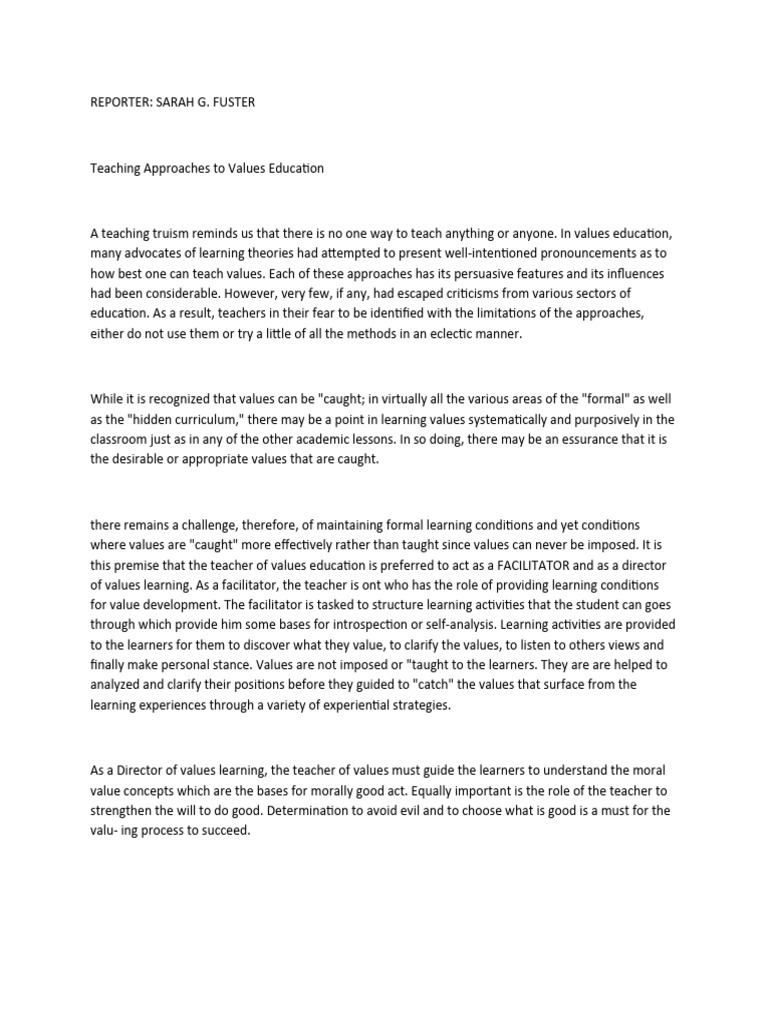 Teaching Approaches To Values Education | PDF | Learning | Teachers