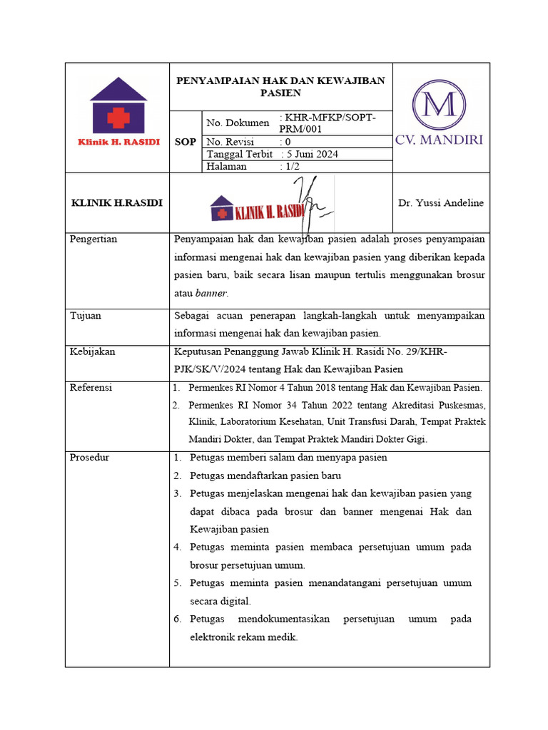 PKP 1.1 Sop Penyampaian Hak Dan Kewajiban Pasien | PDF | Pengembangan Diri
