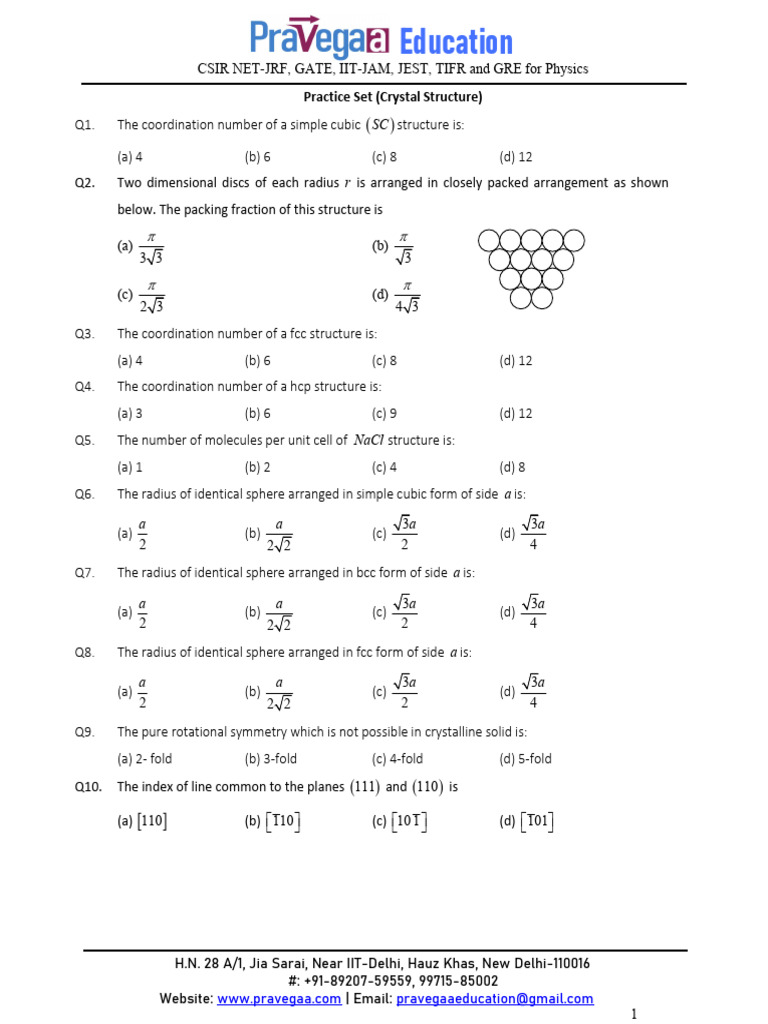 Practice Set Crystal Structure | PDF | Crystal Structure | Crystallography