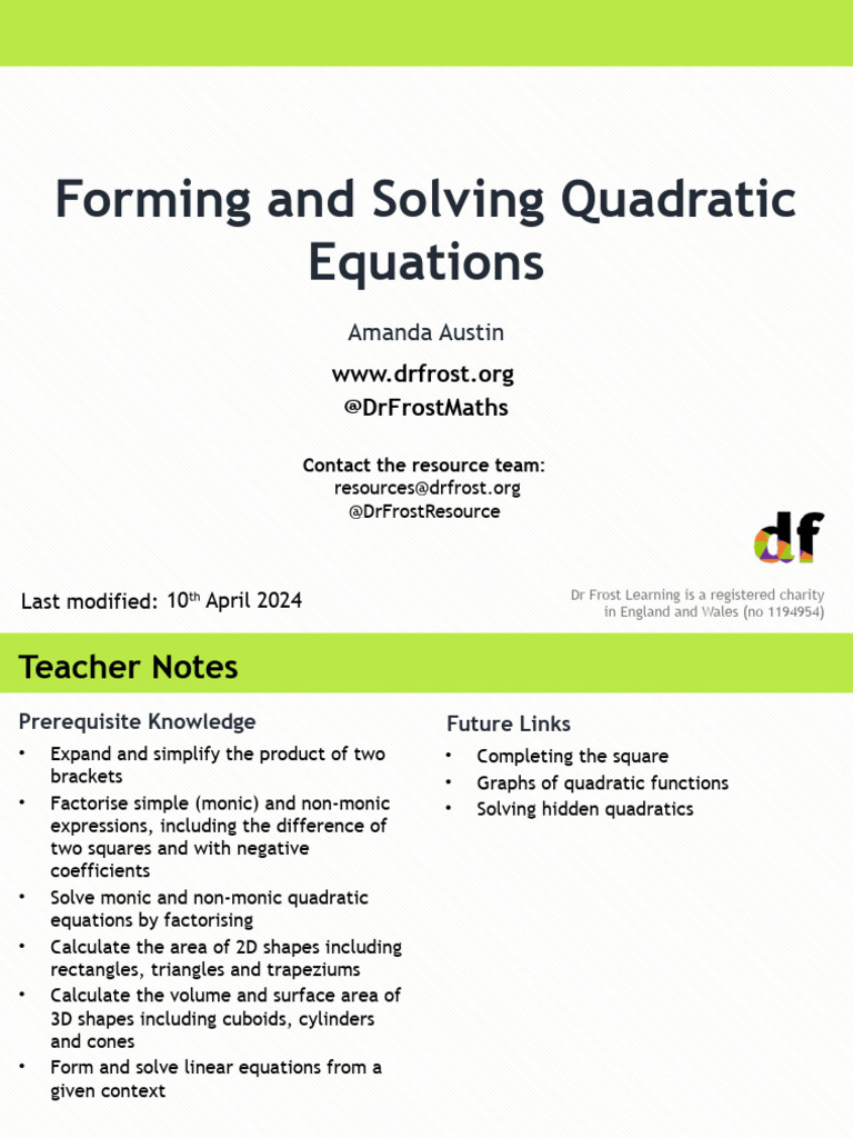 Forming and Solving Quadratics | PDF | Area | Equations