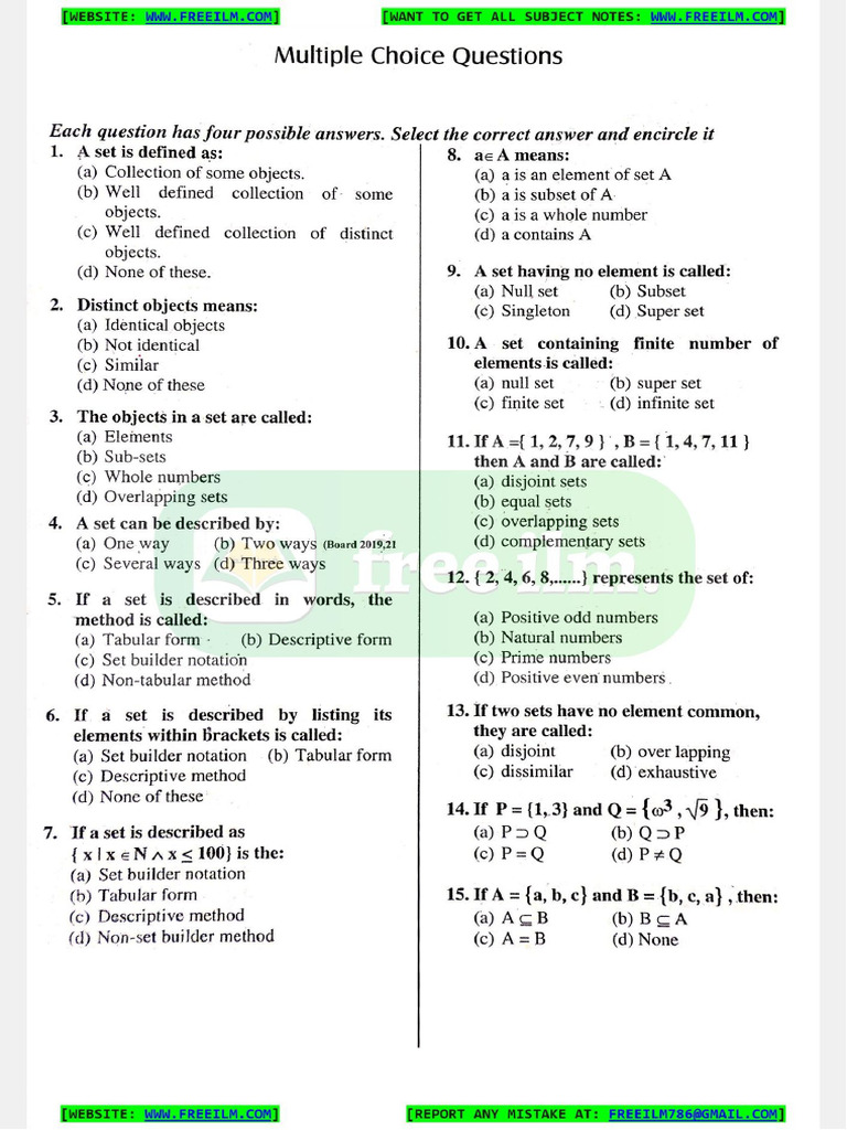 11th Maths Chap2 MCQ's | PDF