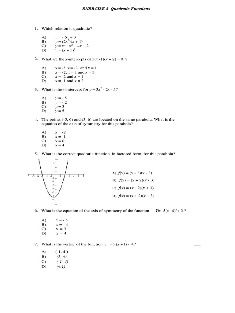 Exercise 3 Quadratic Function | PDF | Euclidean Geometry | Mathematical Concepts