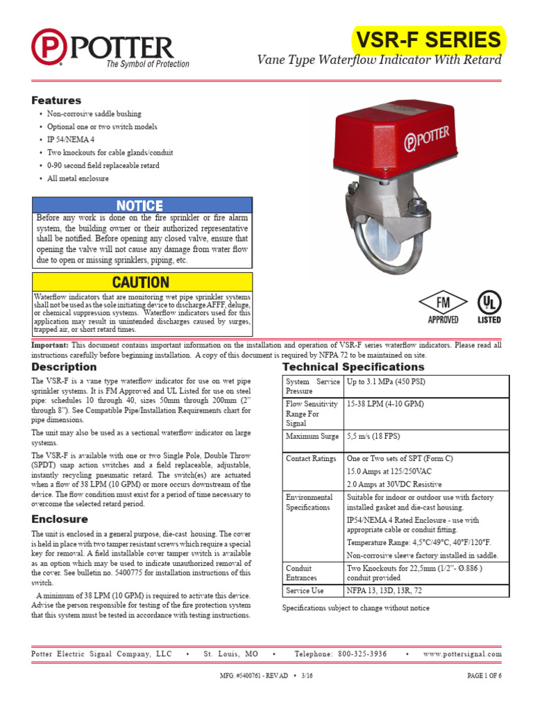 Data Sheet Potter Water Flow Detector | PDF | Fire Sprinkler System ...