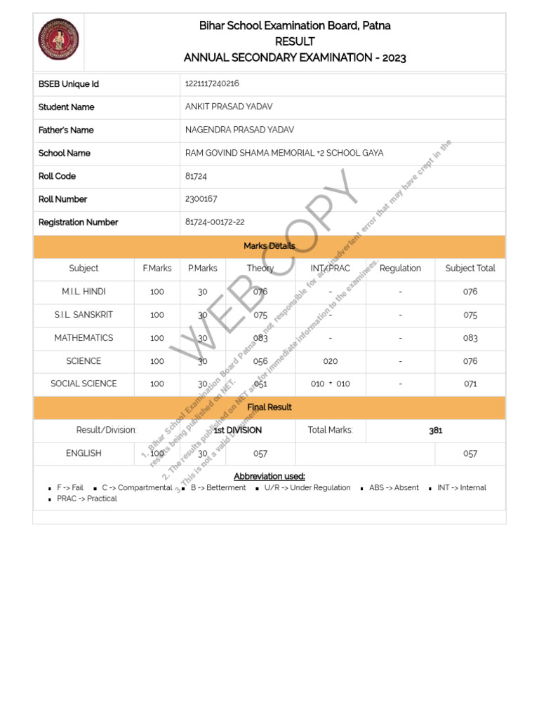 Ankit 10th Result | PDF