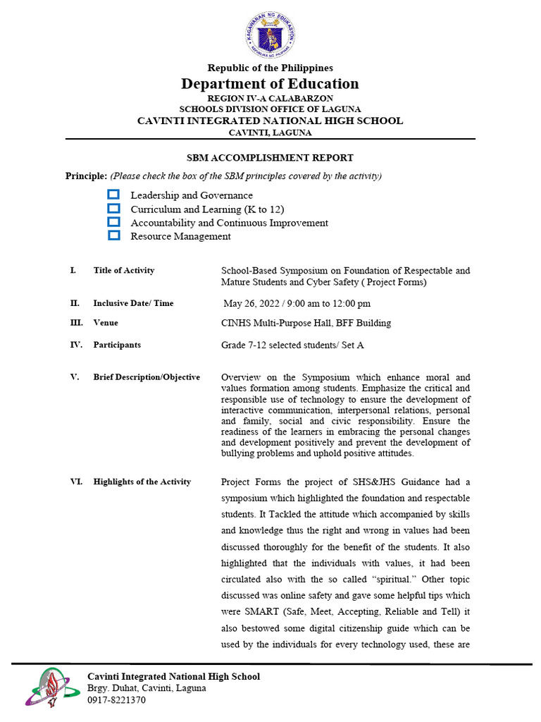 VALUES-FORMATION MAY 2022 SBM Accomplishment-Report | PDF | Cognition ...