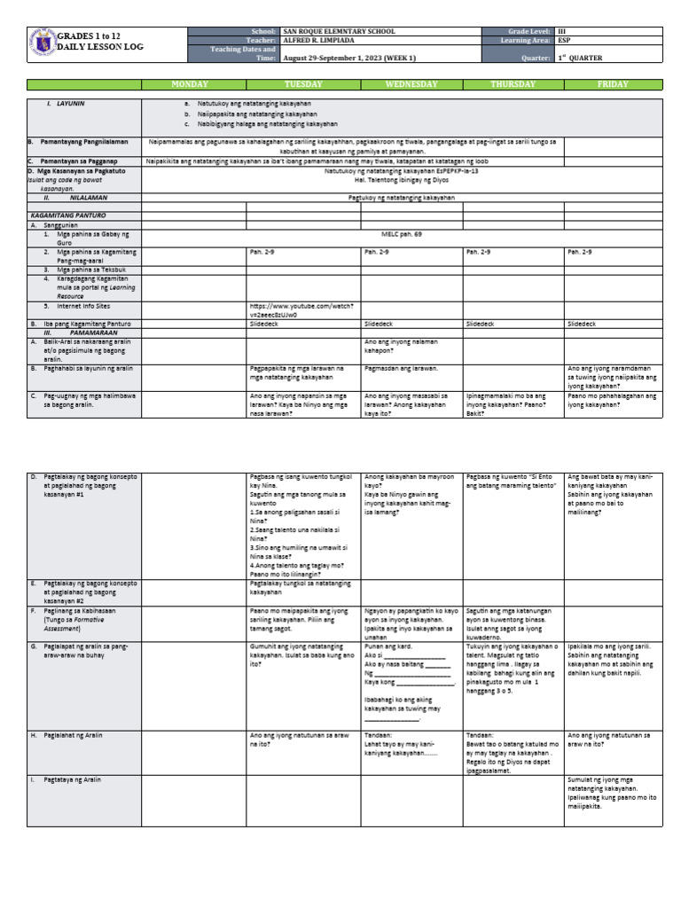 DLL Esp-3 Q1 W1 | PDF