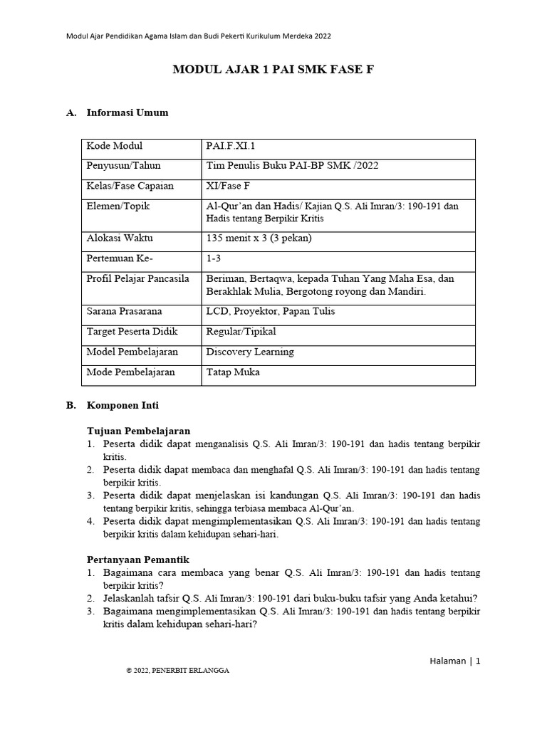 Modul Ajar 1 Pai SMK Kelas Xii Bab 1 - Oke | PDF