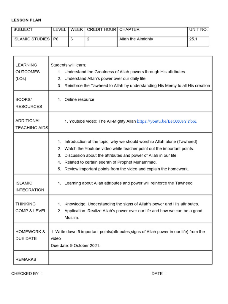 Chapter 24.1 Week 6 Term 4 - Lesson Plan FINAL | PDF | God In Islam ...