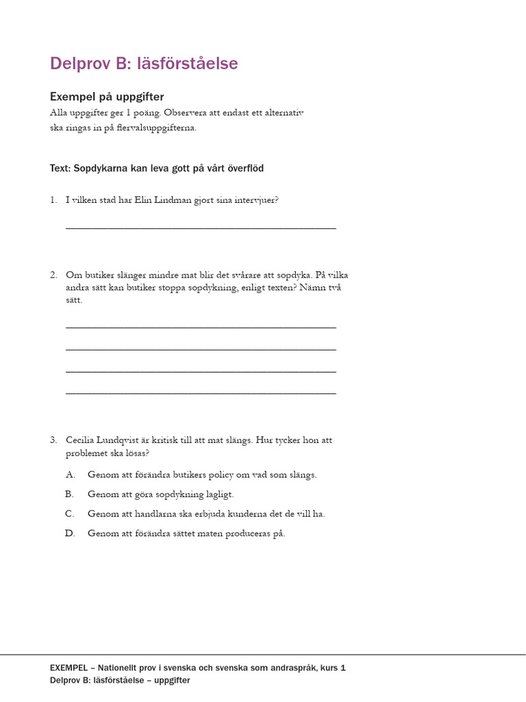 Kp1 Del B Exempel På Uppgifter | PDF