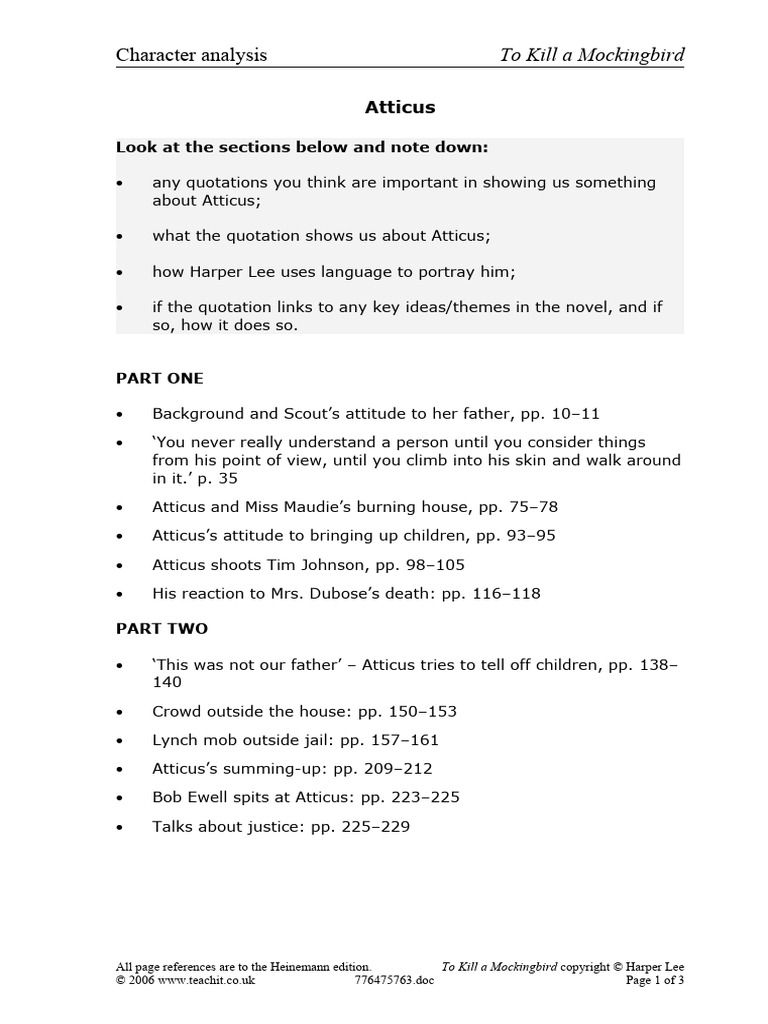 To Kill A Mockingbird All Chapter Character Analysis | PDF | To Kill A ...