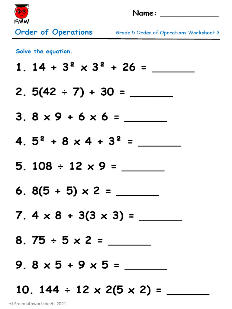 Grade 5 Order of Operations Worksheet 3 | PDF | Teaching Methods ...