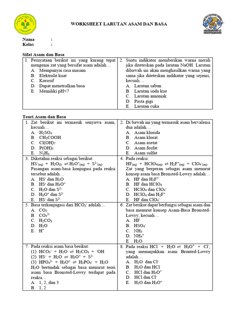 Worksheet Larutan Asam Dan Basa | PDF