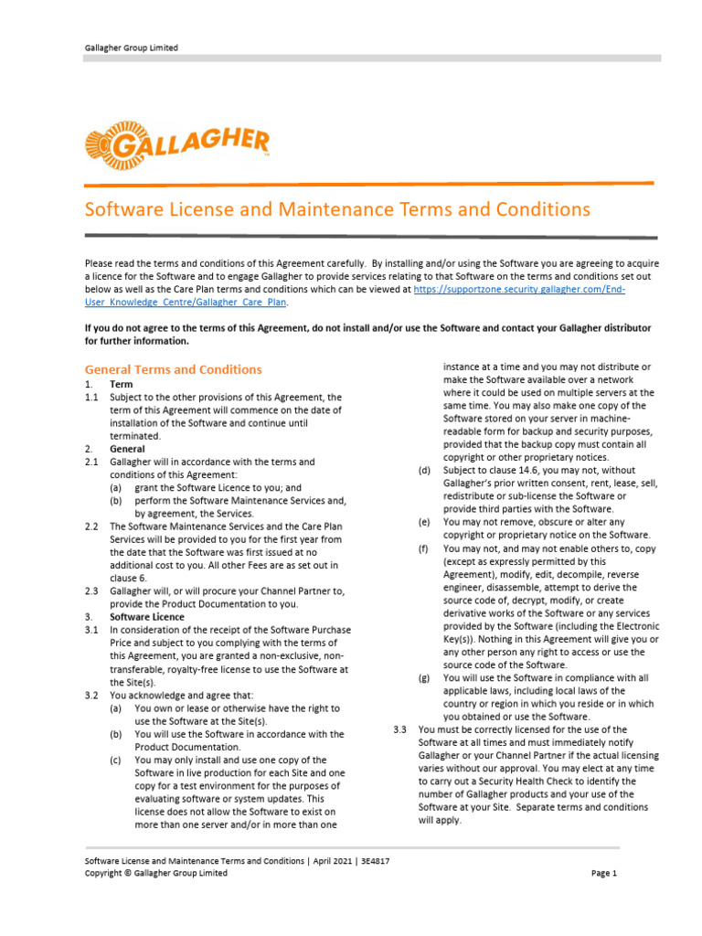Gallagher Software License and Maintenance Terms & Conditions | PDF ...