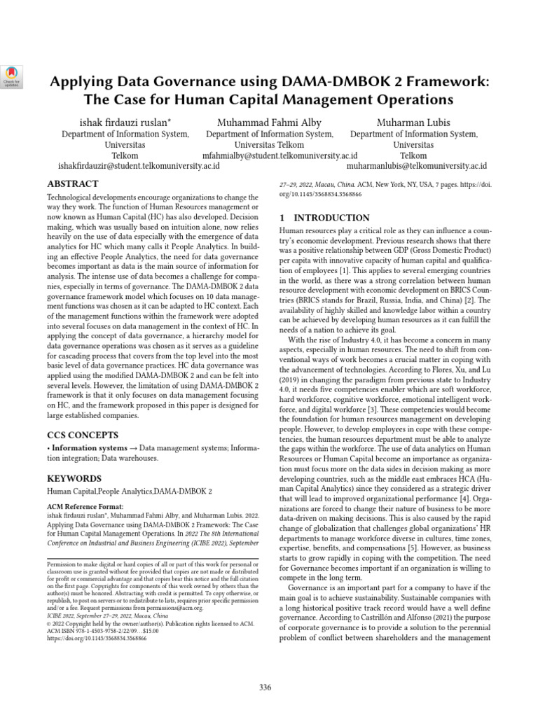Applying Data Governance Using DAMA-DMBOK 2 Framework | PDF ...