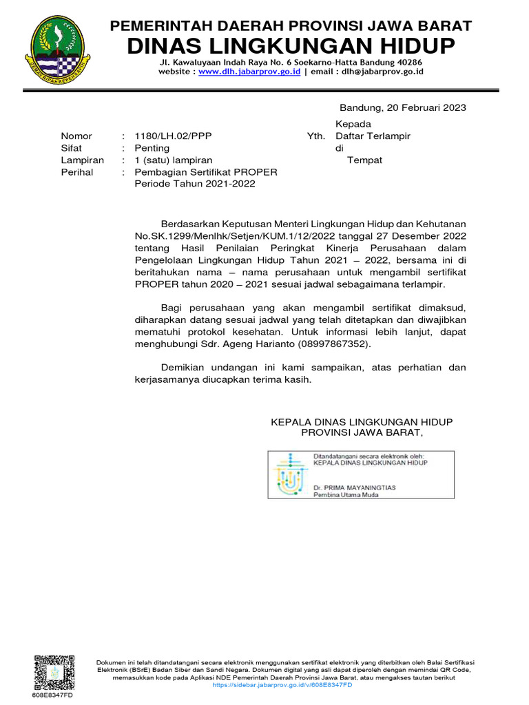Surat Pembagian Sertifikat PROPER Periode 2021-2022 | PDF