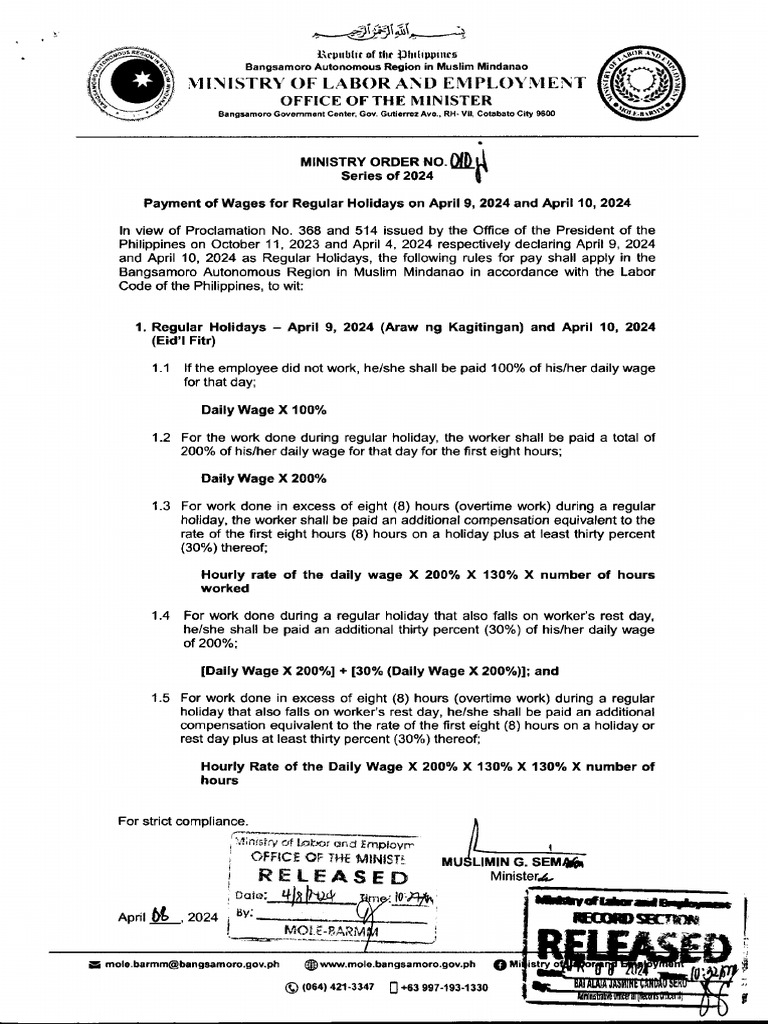 Ministry Order No. 010 s2024 Payment of Wages April 9 Araw NG ...