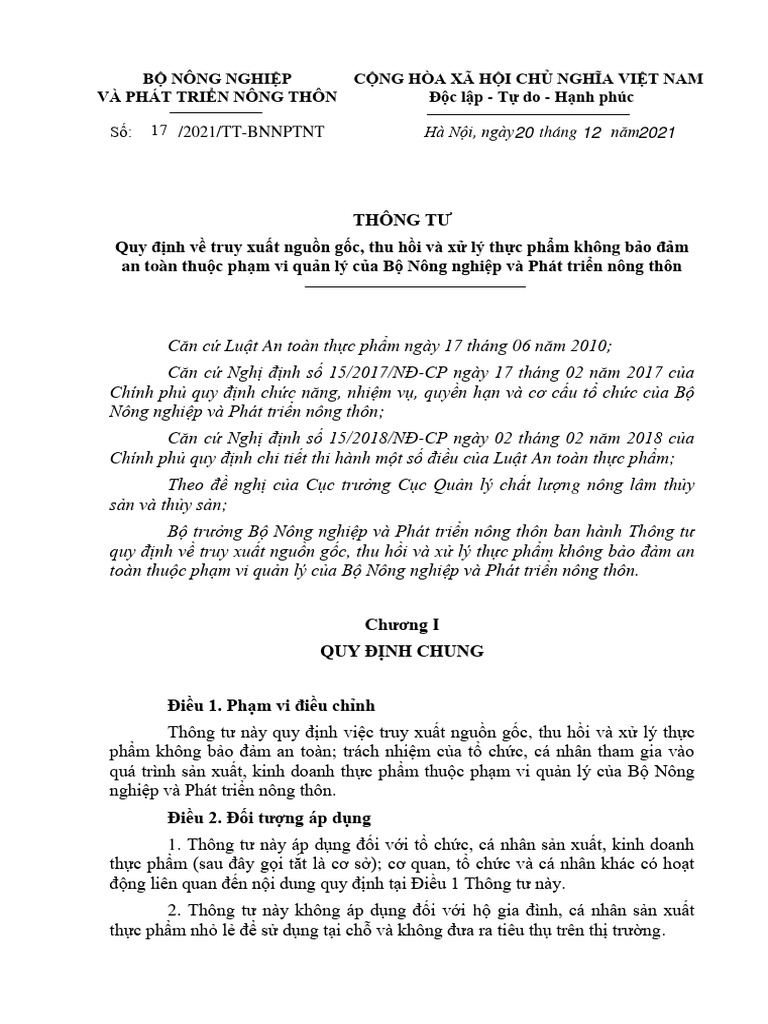 Thong Tu 17-2021-BNN Quy Dinh Truy Xuat Nguon Goc Va Thu Hoi | PDF