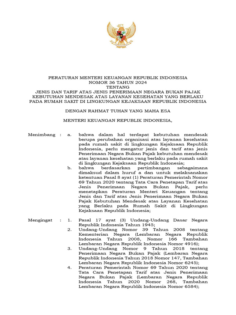 PMK Nomor 36 Tahun 2024 - Jenis Dan Tarif PNBP Mendesak Layanan RS ...