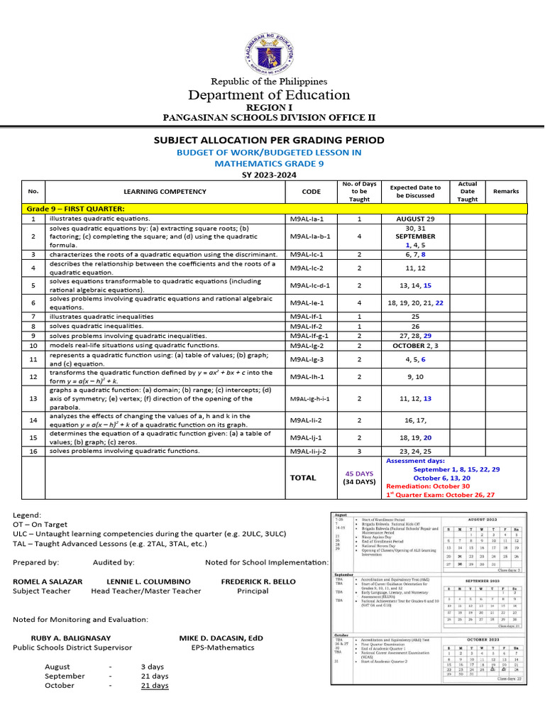 BOW Budgeted Lesson G9 Math SY 2023 2024 1st QTR Final | PDF ...
