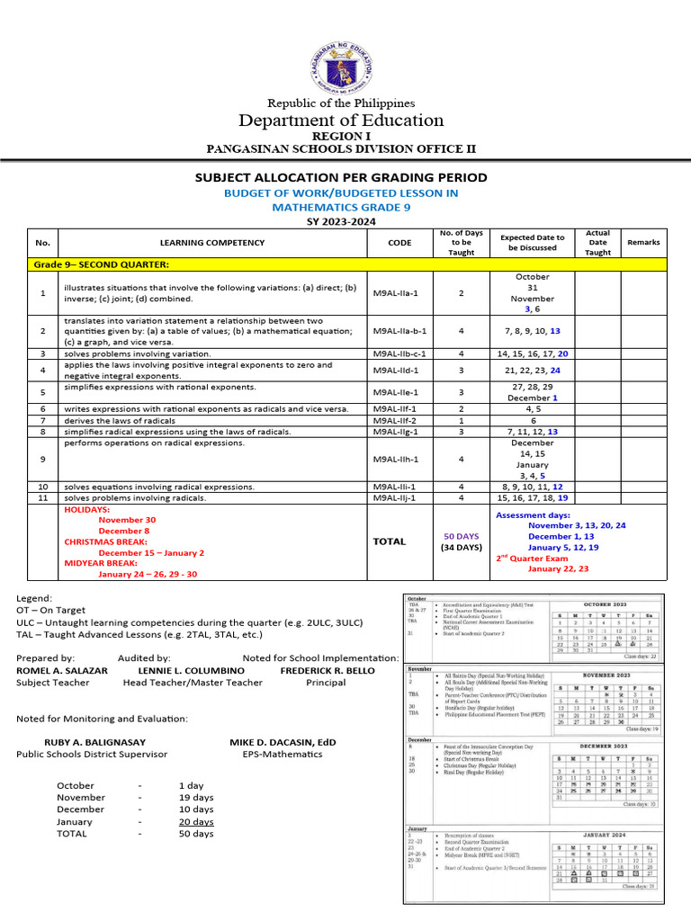 BOW Budgeted Lesson G9 Math SY 2023 2024 2nd QTR Final | PDF ...