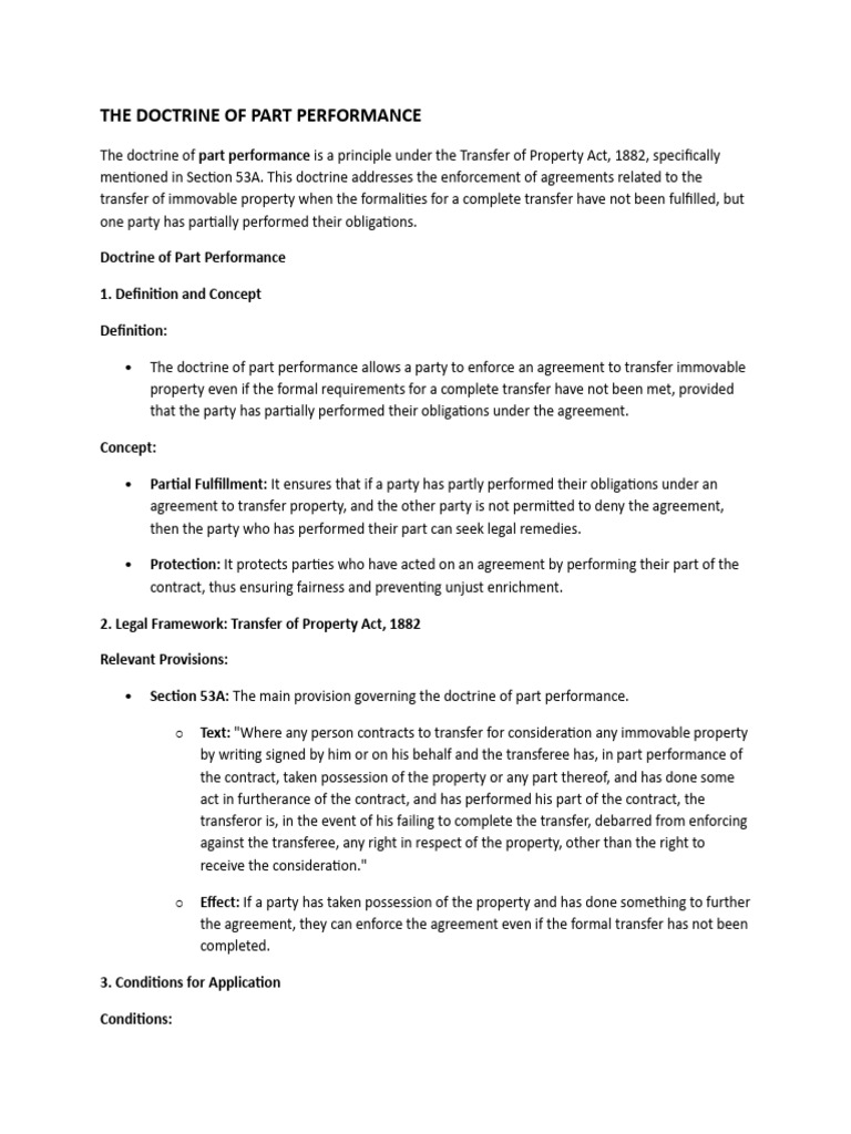 The Doctrine of Part Performance | PDF | Equity (Law) | Specific Performance