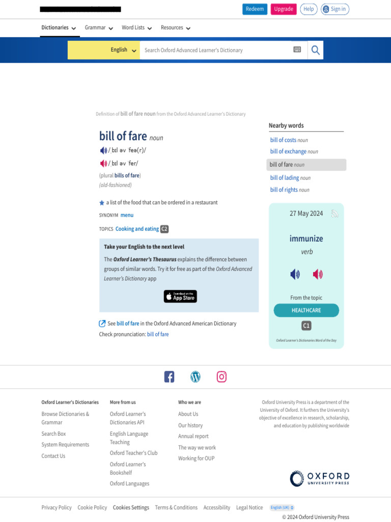 Bill of Fare Noun - Definition, Pictures, Pronunciation and Usage Notes ...